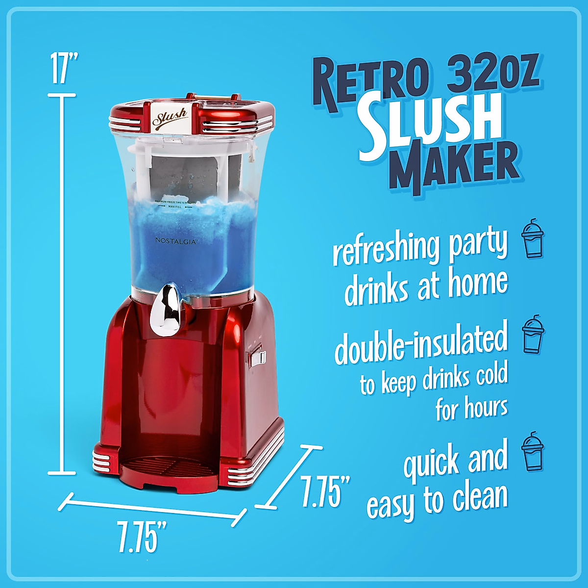 Nostalgia Frozen Drink Maker and Margarita Machine for Home - 32-Ounce Slushy Maker with Stainless Steel Flow Spout - Easy to Clean and Double Insulated - Retro Red