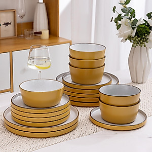AmorArc Dinnerware Sets of 4, Modern Stoneware Plates and Bowls Sets,Chip and Crack Resistant | Dishwasher & Microwave Safe Ceramic Dishes Set,Service for 4 (12pc)-Speckled & Matte Yellow