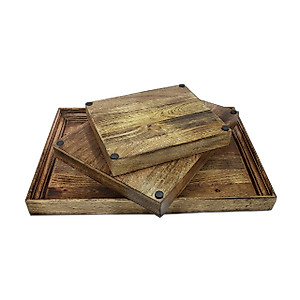SAVON Extra Large Serving Tray Wooden Tea Coffee Breakfast 24 x 17 inches Set of 3 (Natural Wood)