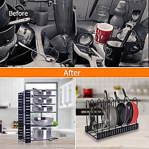 ZHOHO TANT Pan Organizer Rack for Cabinet Pot Rack with 3 DIY Methods 8 Tiers Adjustable Pots and Pans Organizer under Cabinet for Kitchen Counter (Black Steel)