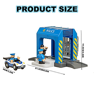 Police Station Playset Toy for Wooden Train Track,Creative City Police Scenes Pretend Play Toy Vehicles Train Accessory Preschool Learning Educational Toys for Toddlers Kids
