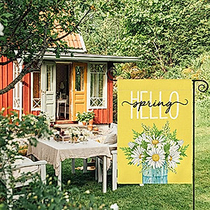 AVOIN colorlife Hello Spring Daisy Garden Flag 12x18 Inch Double Sided Outside, Floral Mason Jar Seasonal Yard Outdoor Flag