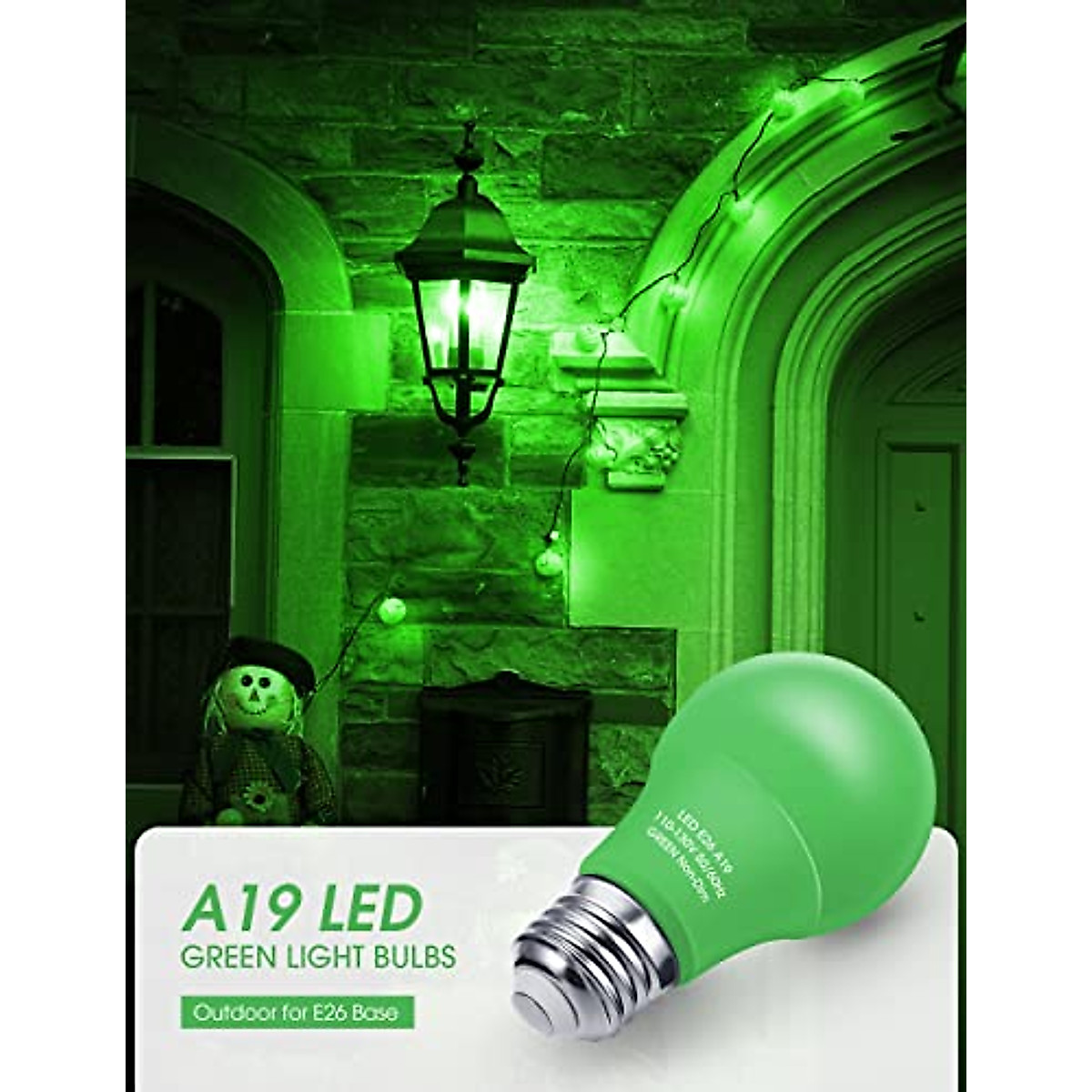 Woxeon 4 Pack A19 Green LED Light Bulbs, 9W Equivalent, Outdoor, Party, Christmas, Halloween, Home, Holiday Lighting