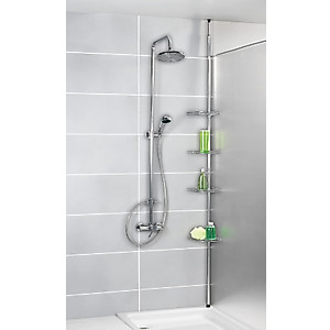Bathroom Shelf Organizer for Shower Storage, Shower Caddy Tension Pole With 4 Storage Baskets, Stainless Steel, Silver, Dimensions 11 x 108 x 7.8 in