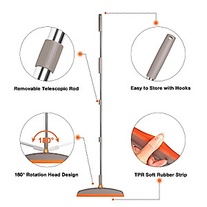 XXFLOWER Silicone Air Broom,Multifunction Magic Broom with Long Handle，Adjustable Rubber Squeeze Broom Sweeping Water,Pet Hair Remover for Carpet,Kitchen,Concrete Floor,Bathroom Tile(Grey Orange)