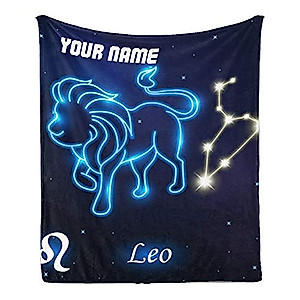 CUXWEOT Custom Throw Blanket with Your Name Text,Personalized Leo of Zodiac Super Soft Fleece Blanket for Couch Sofa Bed (50 X 60 inches)