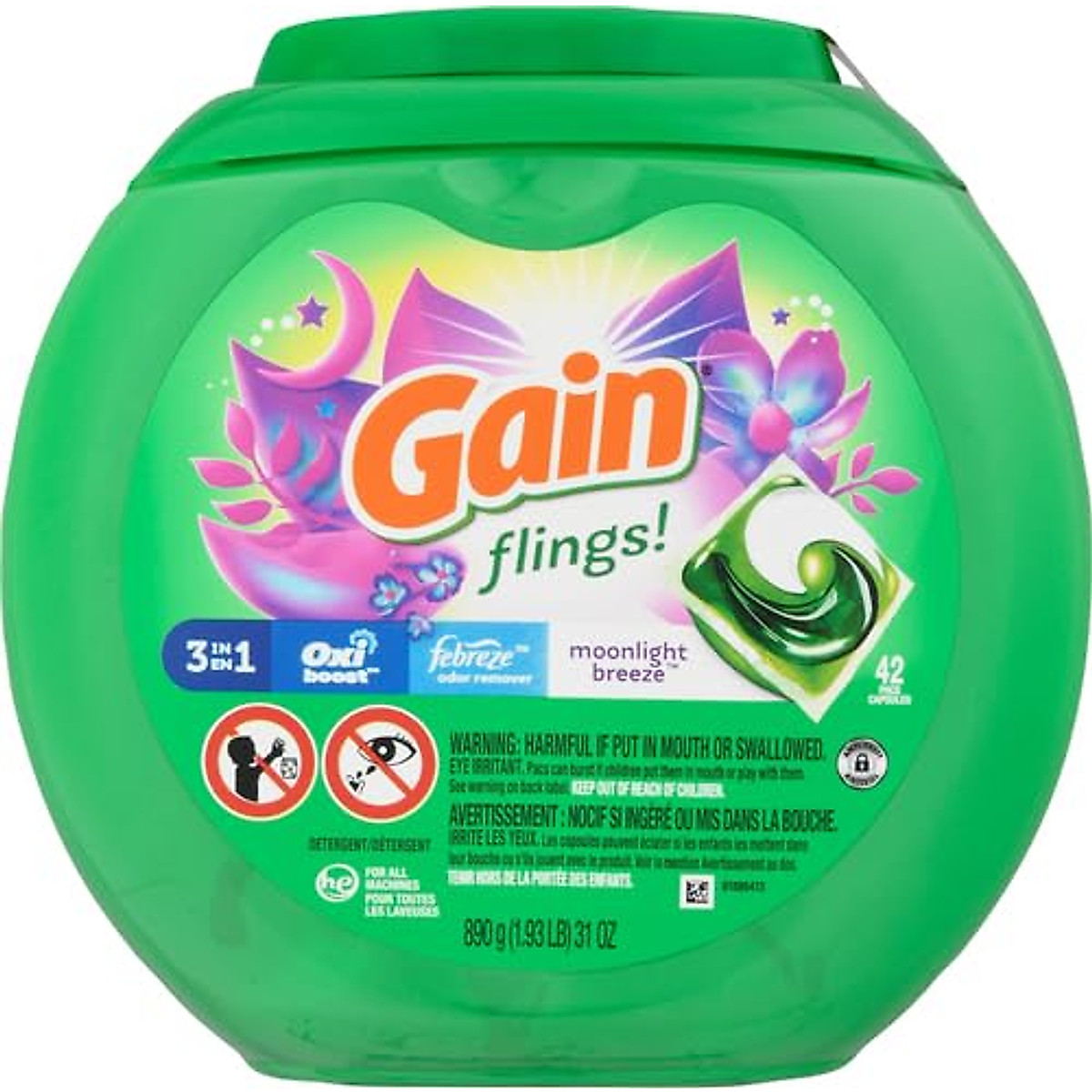 Gain flings! Liquid Laundry Detergent Pacs, Moonlight Breeze, 42 Count