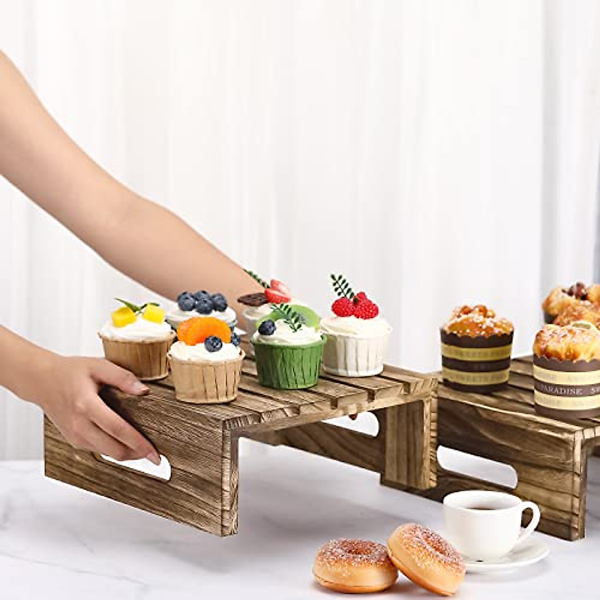 Rustic Brown Burnt Wood Cake Stand Wooden Cupcake Stand Dessert Buffet Display Holder Riser Stands for Wedding Birthday Graduate Party, Set of 2