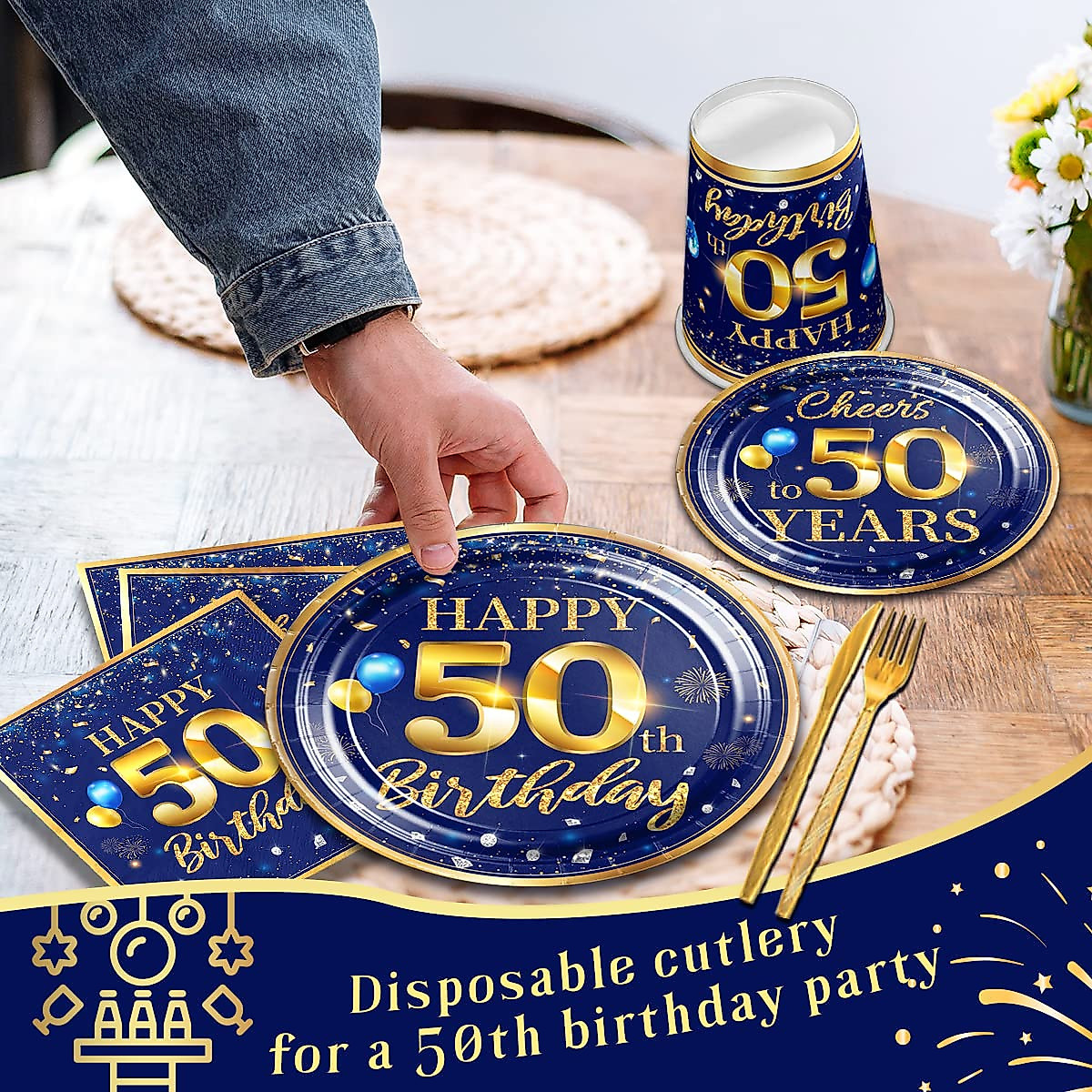 50th Birthday Decoration Men-142pcs Navy Blue and Gold Birthday Tableware Set(Serve for 20) Include Happy 50th Birthday Banner Plates Cups Napkins Tablecloth for Men 50th Birthday Party Supplies (50)