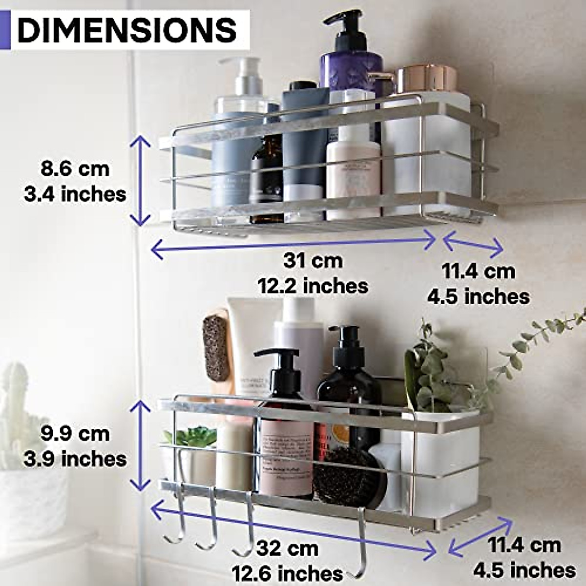 KINCMAX Shower Caddy Basket Shelf Pack of 2 - Adhesive Drill-Free Bathroom Organizer - Shower Storage Shelves for Inside Shower w/Hooks for Accessories (Silver)
