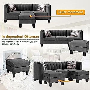 Shintenchi Upgraded Convertible Sectional Sofa Couch, 3 Seat L Shaped Sofa with High Armrest Linen Fabric Small Couch Mid Century for Living Room, Apartment and Office (Black)