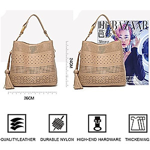 Downupdown 2PC Handbags and Purse for Women Hollow Out Leather Top Handle Handbag Tassel Beach Bag Tote Bags Hobo Purses Set-Pink