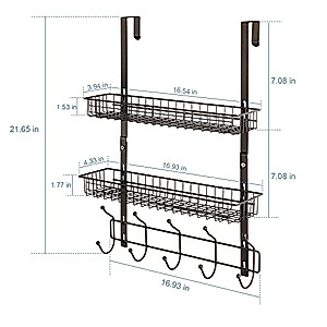 OYEAL Over The Door Hook Rack with 5 Hooks 2 Baskets Steel, Sturdy Durable Coat Rack Towel Hooks Hanging Organizer Shelves for Home Bedroom Bathroom Kitchen, Brown