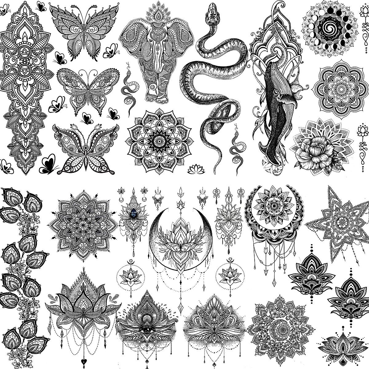 Shegazzi 58 Sheets Black Lace Temporary Tattoos For Women Girls, Large Lotus Mandala Flower Snake Elephant Butterfly Fake Adults Kit, Indian Tribal Skull Arm Sleeve Neck Tatoos Wedding