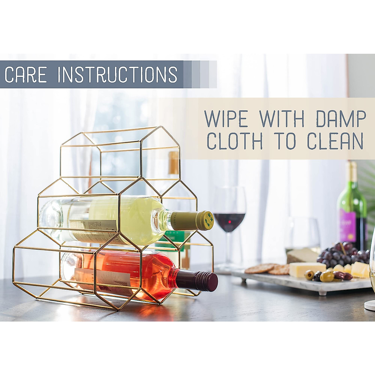 NAT & Jules Honeycomb Gold Tone Iron Metal Tabletop Wine Rack - Holds 6 Bottles