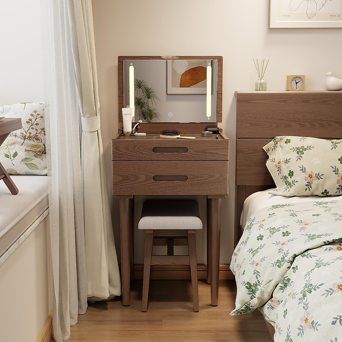 KASLANDI Solid Wood Vanity Desk with Flip Top Mirror & Lights, Small Makeup Vanity with Drawers, 3 Lighting Modes Adjustable Brightness, Vanity Table for Bedroom & Living Room (Walnut)