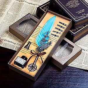 Retro Feather Pen Set Antique Calligraphy Dip Pen with Ink 5 Different Replacement Nibs Pen Stand for Boys Girls Writing