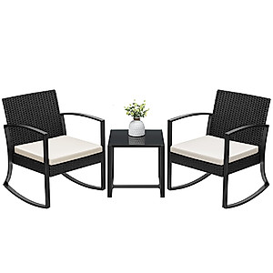 Devoko 3 Pieces Patio Chair Set Outdoor Rocking Chairs Set Resin Patio Furniture Bistro Sets Porch Furniture with Coffee Table (White)
