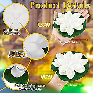 24 Pcs Floating Pool Lights Lotus Floating Lanterns Lifelike Artificial Floating Flowers for Pool with LED Lights Battery Operated Lily Pads Water Lantern for Decor (White, 3.94 Inch, 5.91 Inch)