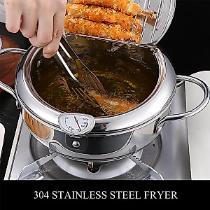 Deep Fryer Pot 304 Stainless Steel Japanese Frying Pot 2.2L, Janpanese Style Tempura Frying Pot with Lid, with Temperature Control Oil Drip Drainer Rack, or Fried Chicken, Shrimp, French, Chips dip