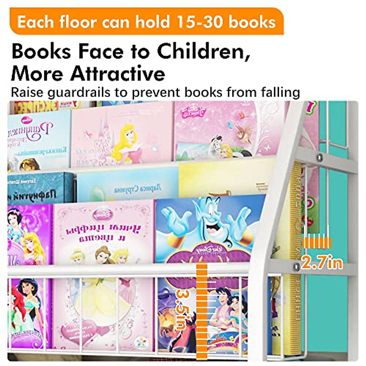 yazi Kids Bookshelves with Toy Storage Organizer, Large 35inx38in 6 Tier Metal Kids Bookcases with 3 Storage Boxes Organizer Shelf in Nursery, Playroom, Study Room,Nursery for Preschooler Children