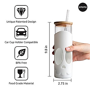 OTOTO NEW Bonesy Glass Tumbler with Straw and Lid - 17oz Cute Glass Water Bottle Tumblers, Goth Accessories, Spooky Gifts, Halloween Gifts, Skull Glass Cup with Lid and Straw, Goth Gifts (White)