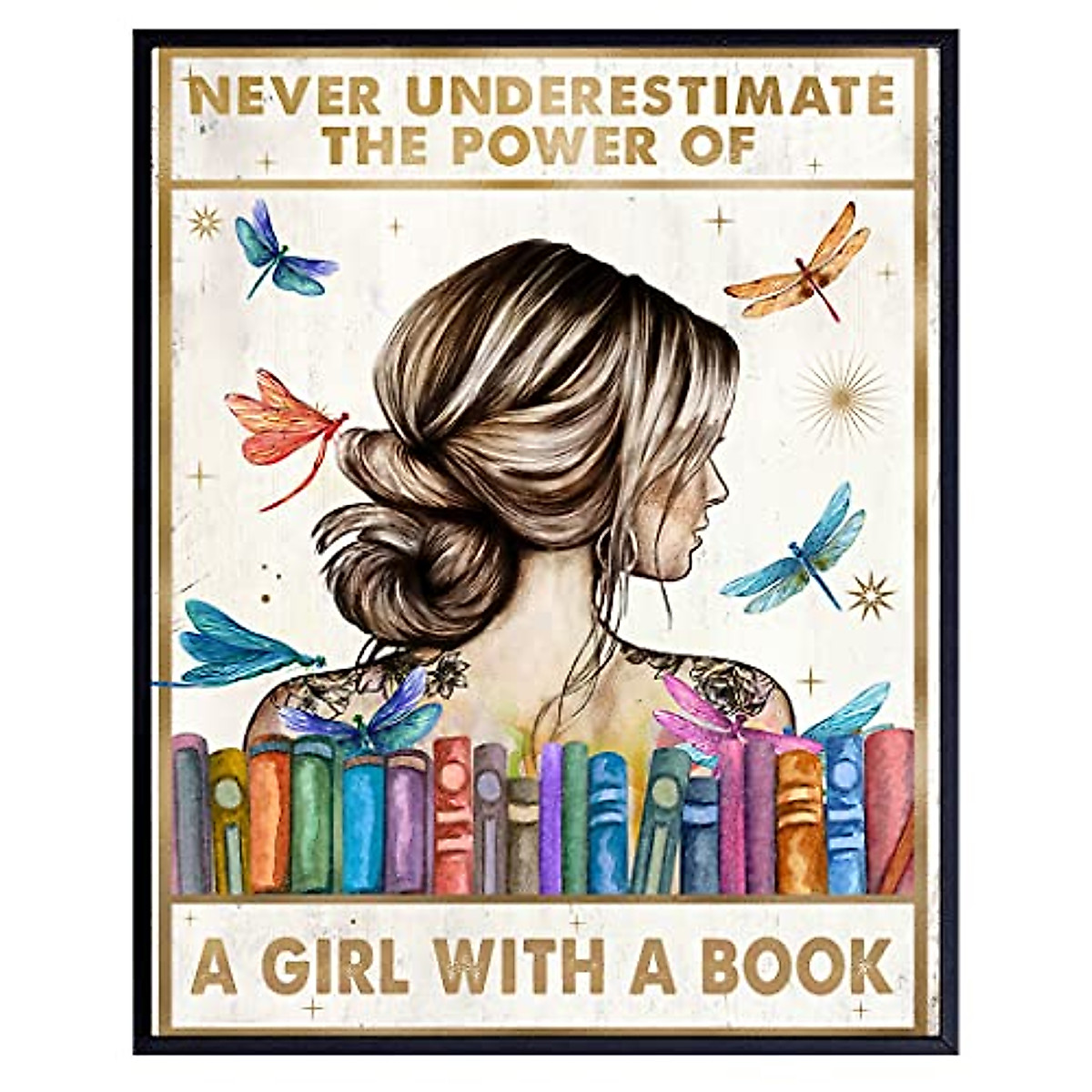 Classroom Wall Art - Never Underestimate A Girl With A Book Motivational poster 8x10 - Reading Wall Art & Decor - Teacher Gift - Girls Bedroom Decor - Inspirational Quotes - Book Lovers Gifts UNFRAMED