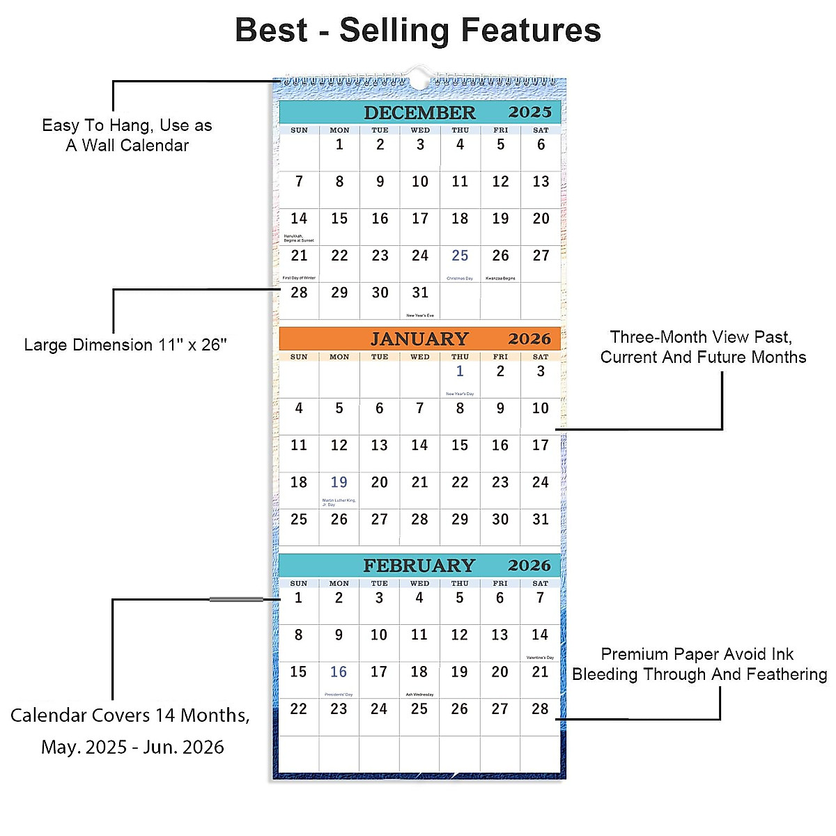 2025-2026 Wall Calendar - April 2025 - July 2026, 3-Month Display Vertical Calendar 2025-2026, Calendar Planner, 11" x 26", Large, Lay- Flat, Perfect for Your Busy Schedule