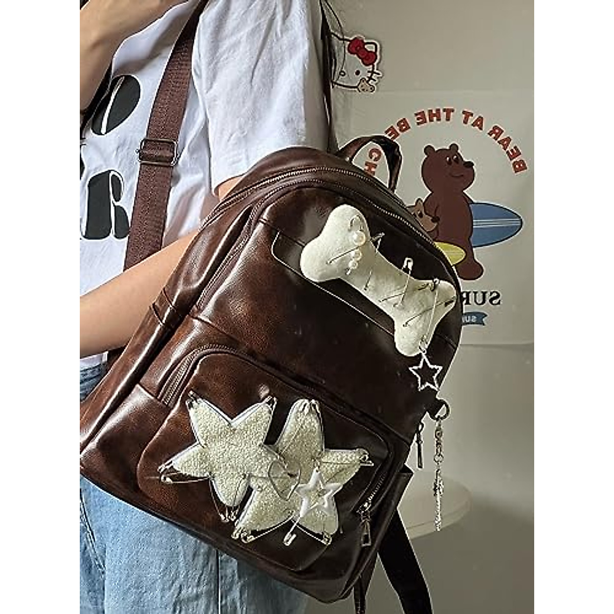 JHTPSLR Y2K Gothic Backpack Vintage Aesthetic PU Leather Backpack Y2K Gothic Accessories Backpack Grunge Y2K Backpack Trendy Backpack (Retro Brown)