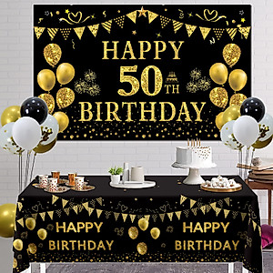 Trgowaul 50th Birthday Decorations for Men Women - Black Gold Happy 50th Birthday Backdrop Banner, 2 Pcs Happy Birthday Tablecloth, 60 Pc Latex Confetti Balloons, 50 Years Old Birthday Party Supplies