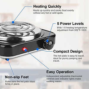 KOCASO Countertop Single Burner Electric Stove, 1000W Portable Coil Heating Hot Plate RV Hot Plate with Non Slip Rubber Feet w/ 35in Plug Cord, Black