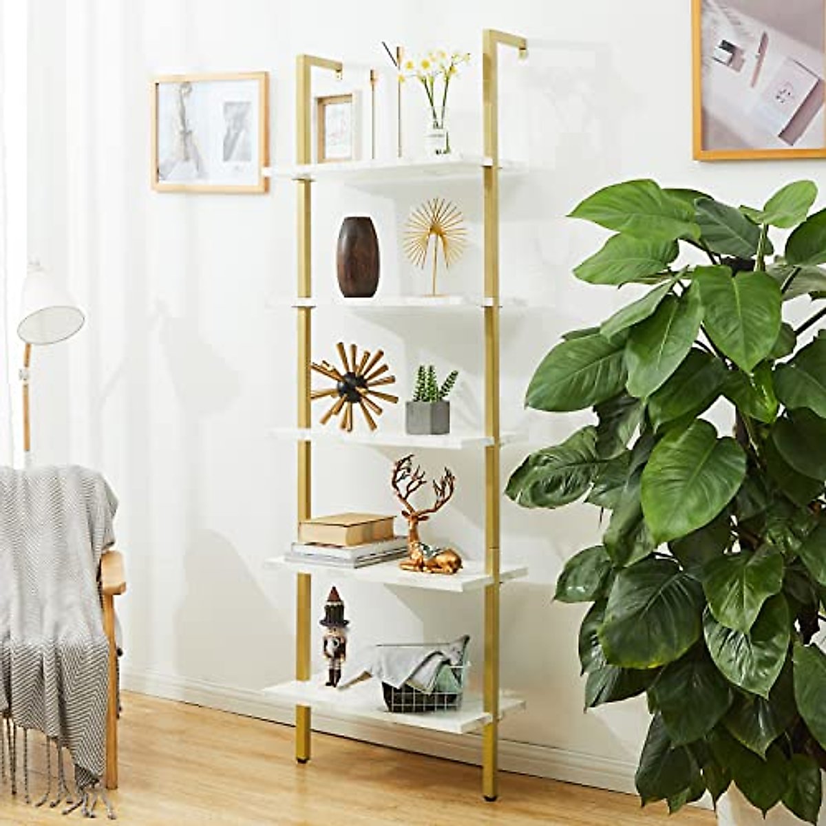 SUPERJARE Vanity Desk, Makeup Vanity with Stool & Tri-fold Lighted Mirror and Modern Ladder Shelf, 5-Tier Open Wall-Mounted Bookshelf with Stable Metal Frame