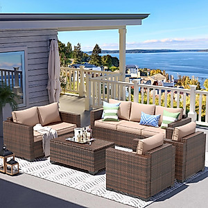 Amopatio Outdoor Patio Furniture Sets, 8 Pieces Outdoor Wicker Patio-Furniture, Outdoor Sectional Patio Set with Storage Table, Patio Conversation Set for Proch Garden Deck (Khaki)