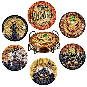 7 FloFairy Diamond Painting Coasters with Holder, Halloween DIY Diamond Art Kits for Beginners, Adults, Kids Small Diamond Painting Kit Art Craft Holiday Supplies (6PCS)