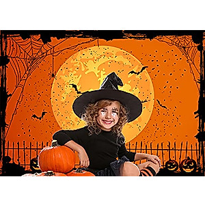 CYLYH 7x5ft Happy Halloween Orange Backdrop Halloween Eve BackdropHalloween Party Lantern Moon Bat Spider Web Graveyard Fence Photography Background Party Decorations