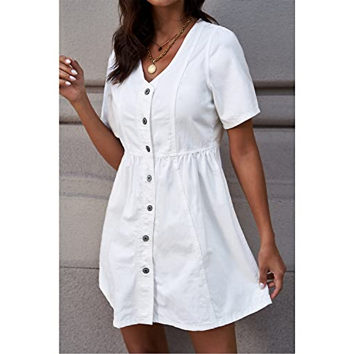 luvamia Women's Denim Shirt Dress Button Down Skirt V Neck Short Sleeve Jean Dresses Cute Dresses Skater Dress Knee Length Dress for Women A Line Dresses for Women Brilliant White Size Medium