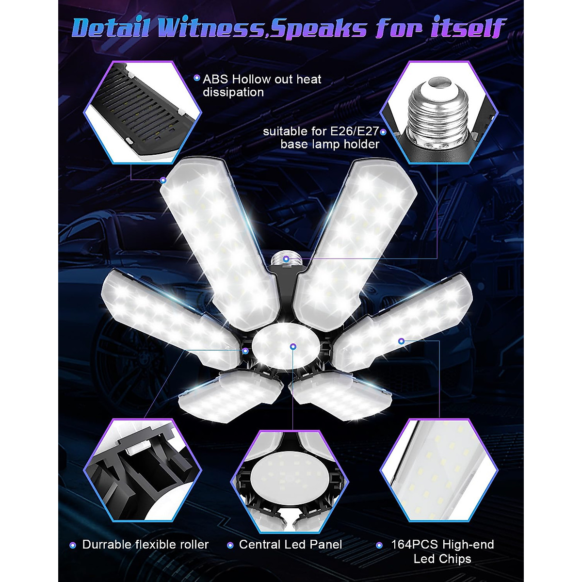 KPBOTL 150W Upgrade LED Garage Lights 2 Pack Screw in Garage Light Bulb 6+1 Adjustable Panels Garage Lighting 15000LM 6500K Deformable Garage Lights Ceiling LED Shop Light for Barn Attic Basement