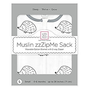 SwaddleDesigns Cotton Muslin zzZipMe Sleeping Sack, Wearable Blanket with 2-Way Zipper, Black Hedgehog, Large (12-18 Month) (Pack of 1)