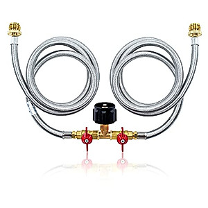 MENSI Upgrade 5 Feet 2 Way Y Splitter CGA Propane Tank Converter Adapter Braided Stainless Hose Assembly Replacement for QCC1 / Type1 20lbs Gas Tank for Camping Grill Stove