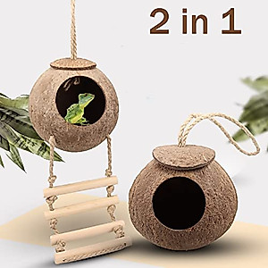 RUNANIA Crested Gecko Tank Accessories, Reptile Vines and Plants Coco Hut Coconut Shell with Ladder Hideout Cave Habitat Decor for Climbing Lizard Leopard Gecko Tortoise Amphibians Hermit Crab