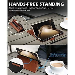 SHIELDON Case for Galaxy Z Fold 5, Genuine Leather Wallet Shockproof Case Flip Magnetic Kickstand RFID Blocking Credit Card Slot with S Pen Holder Compatible with Galaxy Z Fold5 7.6" - Retro Brown