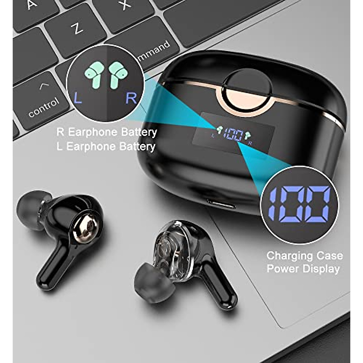 Bluetoth Headphones 4 Dynamic Drivers Wireless Earbuds 40Hrs Playtime with LED Display Charging Case Touch Control in-Ear Earphones with Mic Premium Deep Bass Headset for Sport Black
