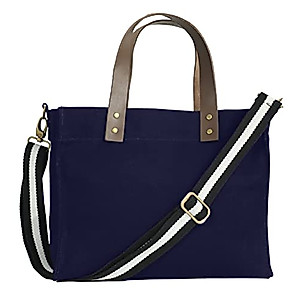 Tag&Crew Brooklyn Tote Canvas Bag with Leather Handles, Zippered Flap, 3 Pockets, Adjustable Shoulder Strap, Antique Brass Clips - Navy Blue