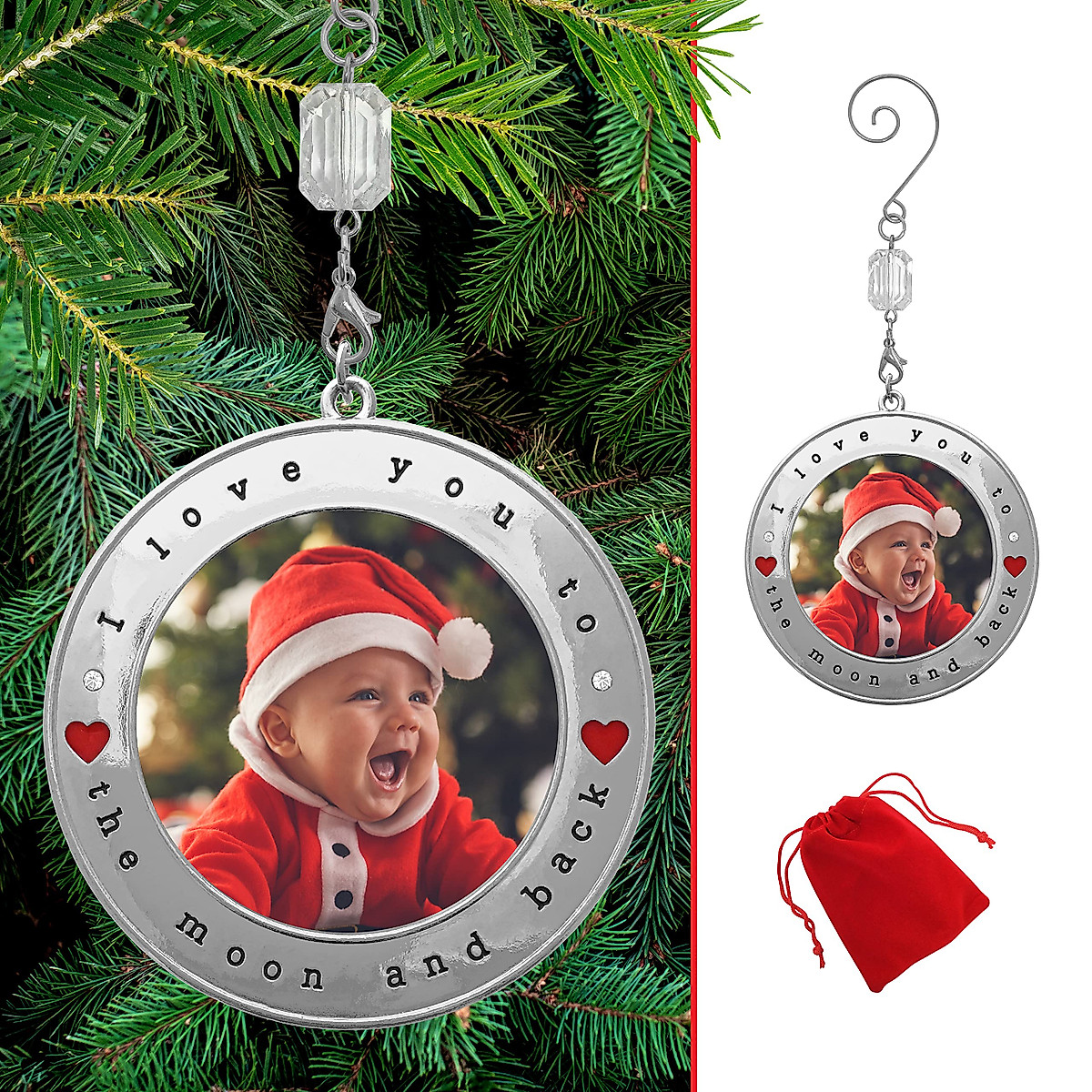 Baby's First Christmas Photo Ornament - I Love You to The Moon and Back - Gift/Storage Bag Included