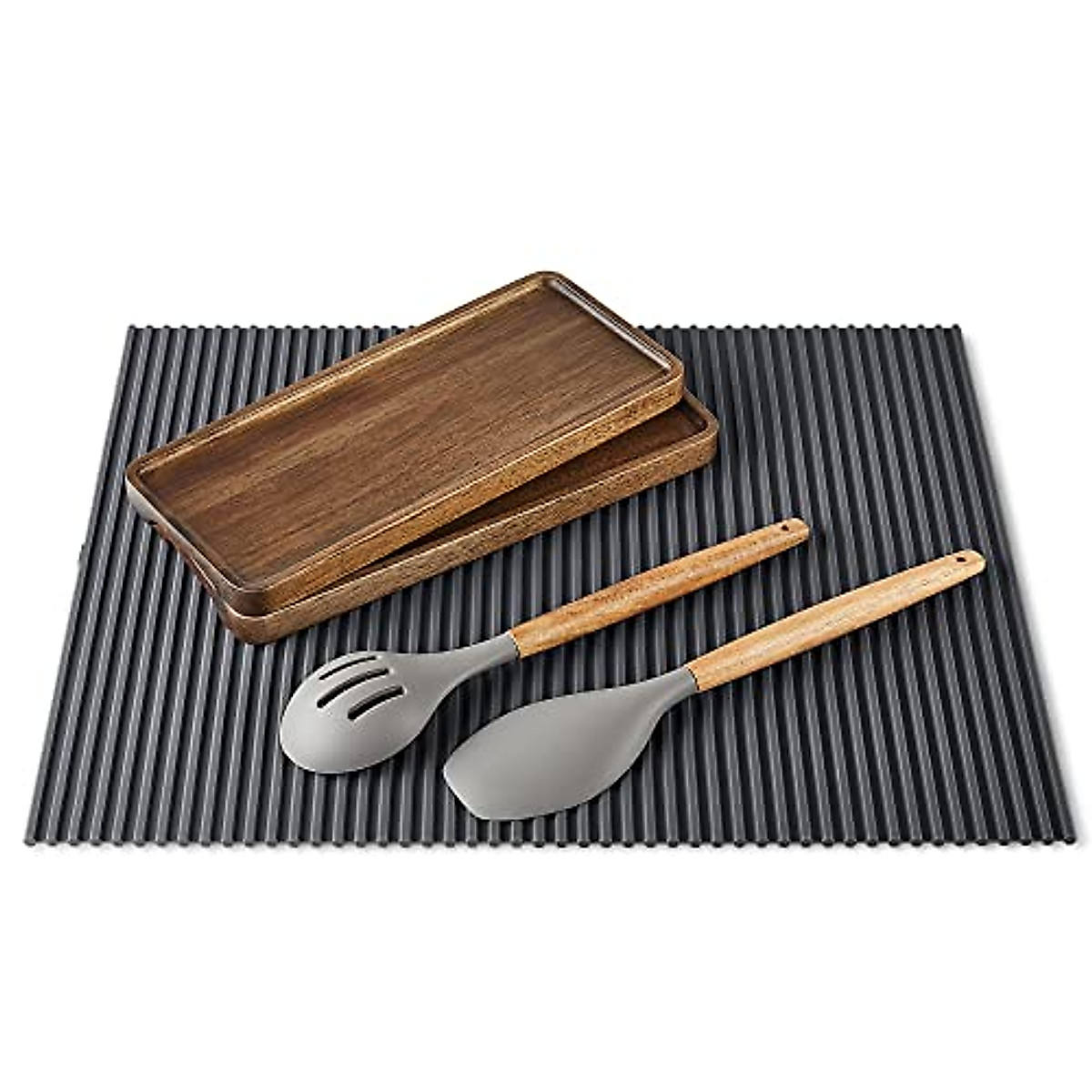 Miusco Large Thick Silicone Mat, Dish Drying Mat, Hot Tool Mat, Bar Mat 0.24 In (6.1 MM) Thick, Gray, 20" x 16", Premium Heat Resistant Kitchen Mat, Non-slip Pads, Fast Drying, Dishwasher Safe, Grey