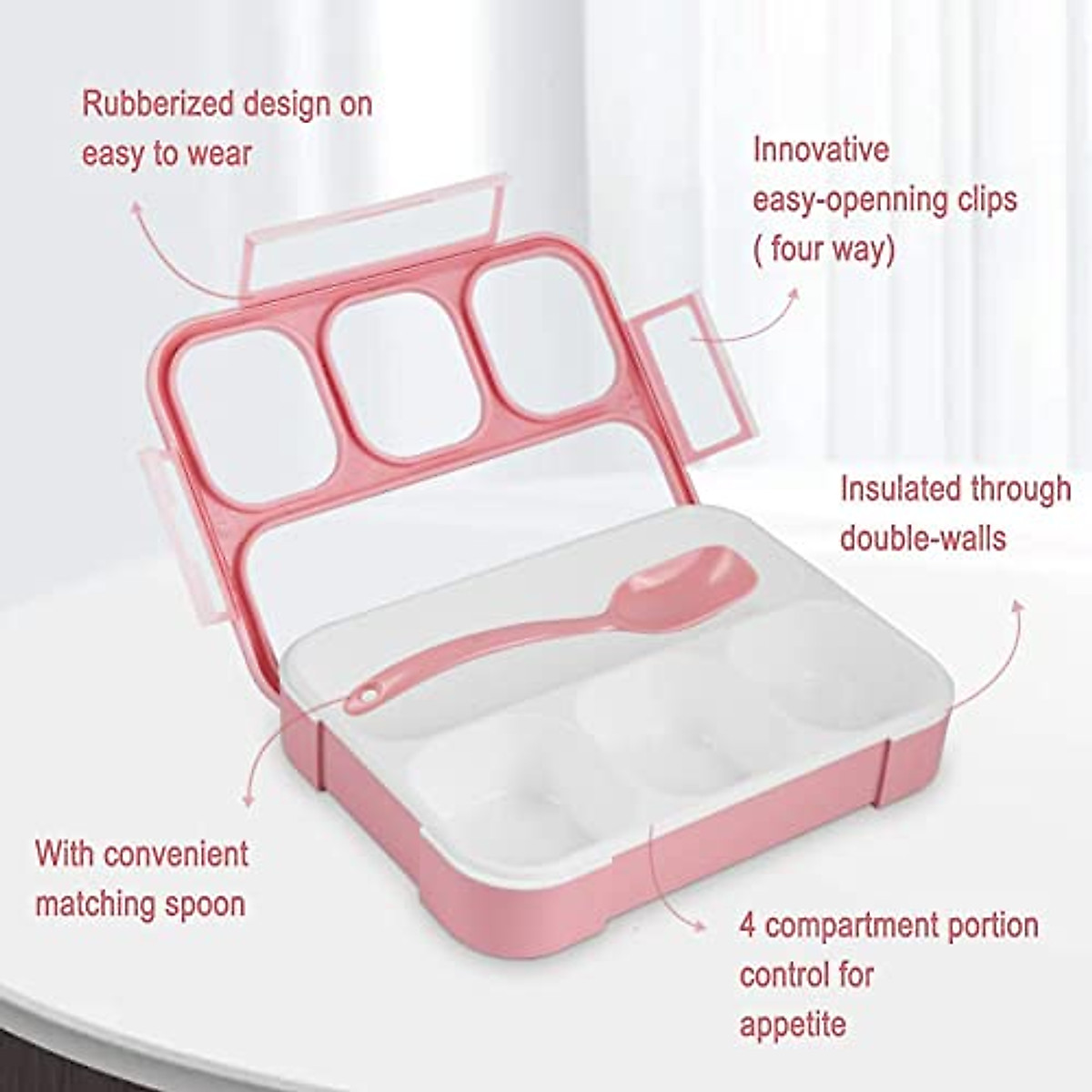 NatraProw Bento Box for Kids, 4 Compartment Kids Lunch Box Leak Proof, Cute Bento Snack Box for Adults and Kids With Utensils, Lunch Containers BPA-Free, Microwave Bento Box (Pink)