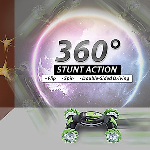 Contixo SC1 All Terrain Speed Crawler RC Stunt Car, 4WD 2.4GHz Remote Control Car, Gesture Sensor Toy Cars, Double Sided Rotating 360° Flip Offroad Vehicle with Lights Music, Kids Toy Cars, Green
