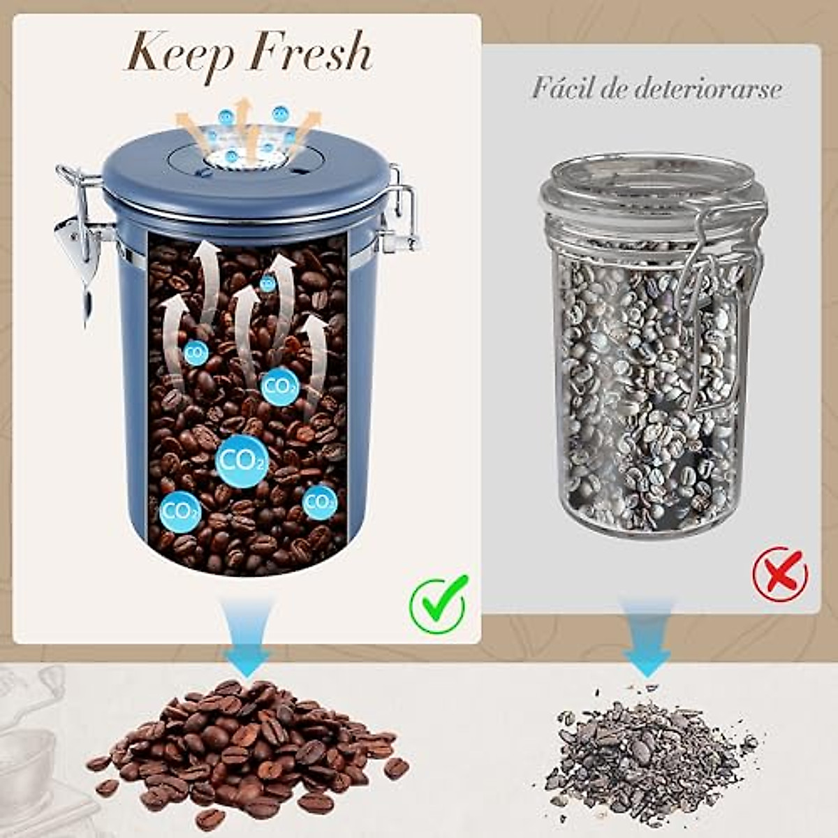 RODDEN Airtight Coffee Canister 22OZ Stainless Steel with Date Tracker, Measuring Scoop, CO2 Releasing Valves, Kitchen Food Storage Contanier, 1800ml