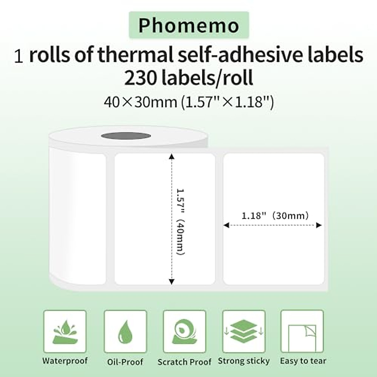 Phomemo Thermal Labels-for M110/M221/M220/M120/M200/M110S,1.57"x1.18"(40x30mm),230 Labels/Roll, for Barcode/Address/Mailing/Logo/Business/Home Tag