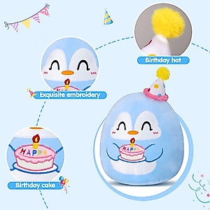 Houwsbaby 12'' Blue Happy Birthday Penguin Plush Pillow,Penguin Stuffed Animal Toy Holding a Cake,Cute Birthday Gift Decoration for Kids' Birthday Parties Boys Girls